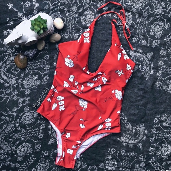Swim | Padded Deep Red Floral Print Onepiece Swimsuit | Poshmark
